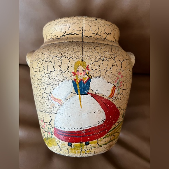 Kitchen | Vintage Lidded Cookie Jar Crock Hand Painted 95 Tall ...
